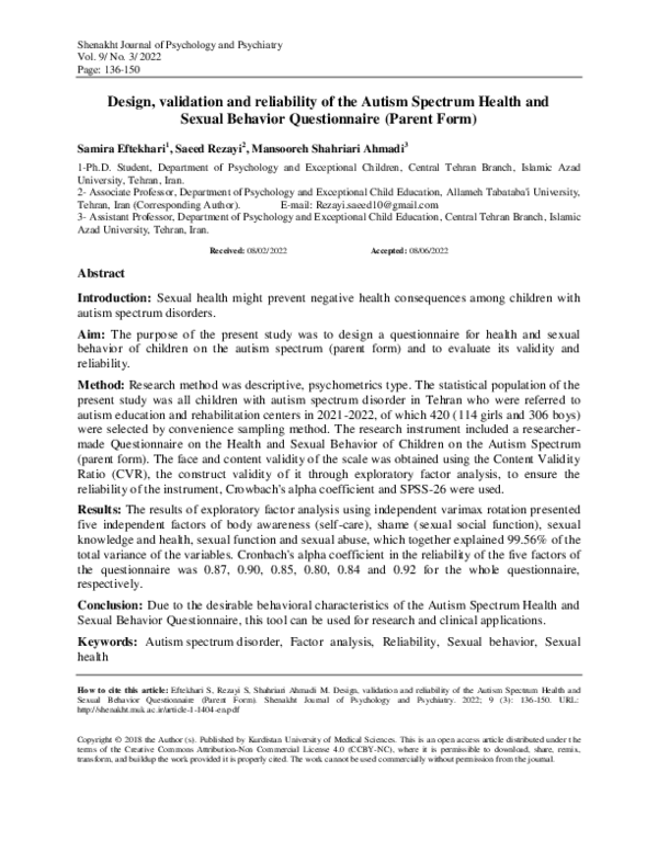 (PDF) Design, validation and reliability of the Autism Spectrum Health ...