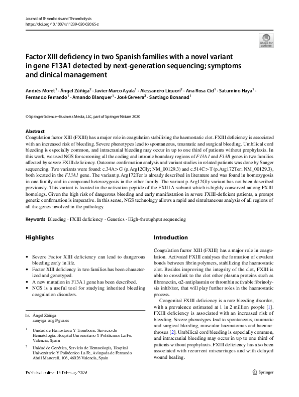 (PDF) Factor XIII deficiency in two Spanish families with a novel ...
