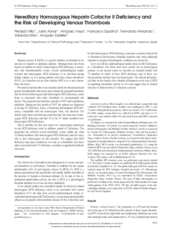 (PDF) Hereditary Homozygous Heparin Cofactor II Deficiency and the Risk ...