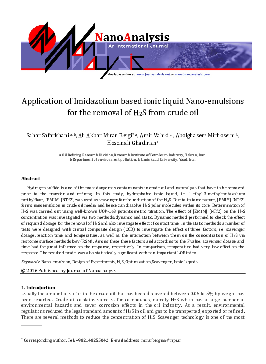 (PDF) Application of Imidazolium based ionic liquid Nano-emulsions for the removal of H2S from ...
