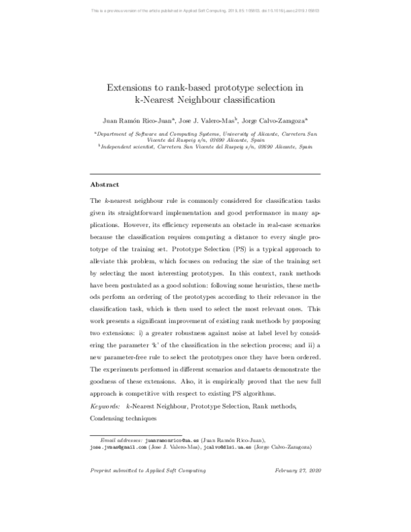 (PDF) Extensions to rank-based prototype selection in k-Nearest Neighbour classification