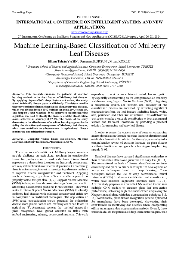 Pdf Machine Learning Based Classification Of Mulberry Leaf Diseases