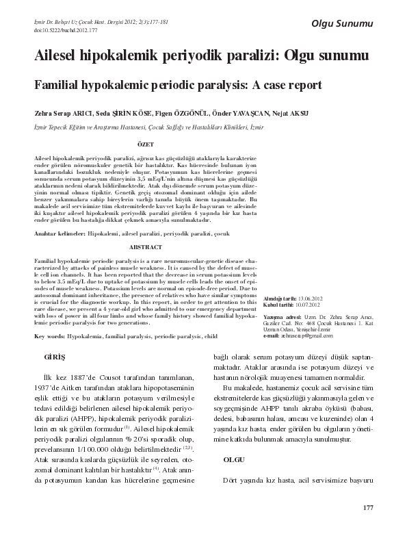 (PDF) Familial hypokalemic periodic paralysis: A case report | Figen ...