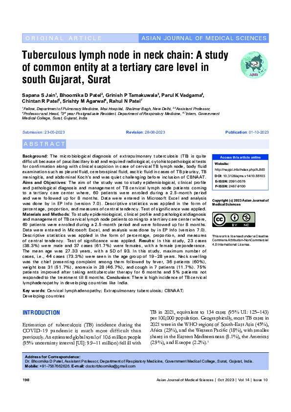 (PDF) Tuberculous lymph node in neck chain: A study of common entity at ...
