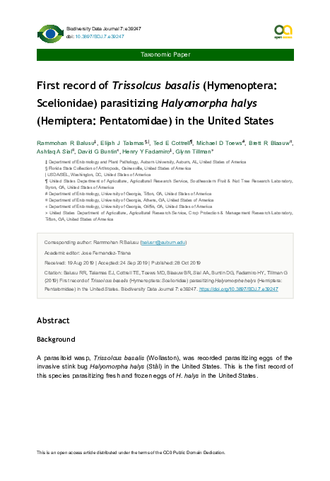 (PDF) First record of Trissolcus basalis (Hymenoptera: Scelionidae ...
