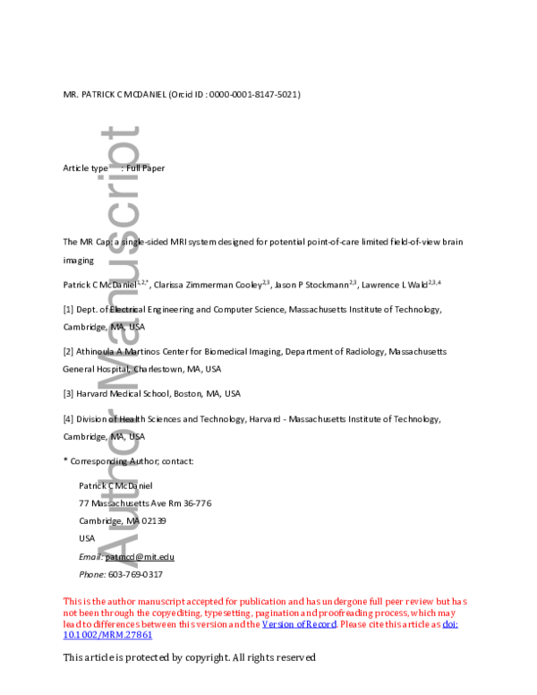 The MR Cap: A single‐sided MRI system designed for potential point‐of ...