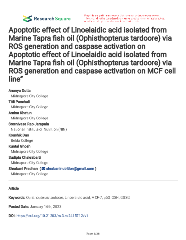 (PDF) Apoptotic effect of Linoelaidic acid isolated from Marine Tapra ...