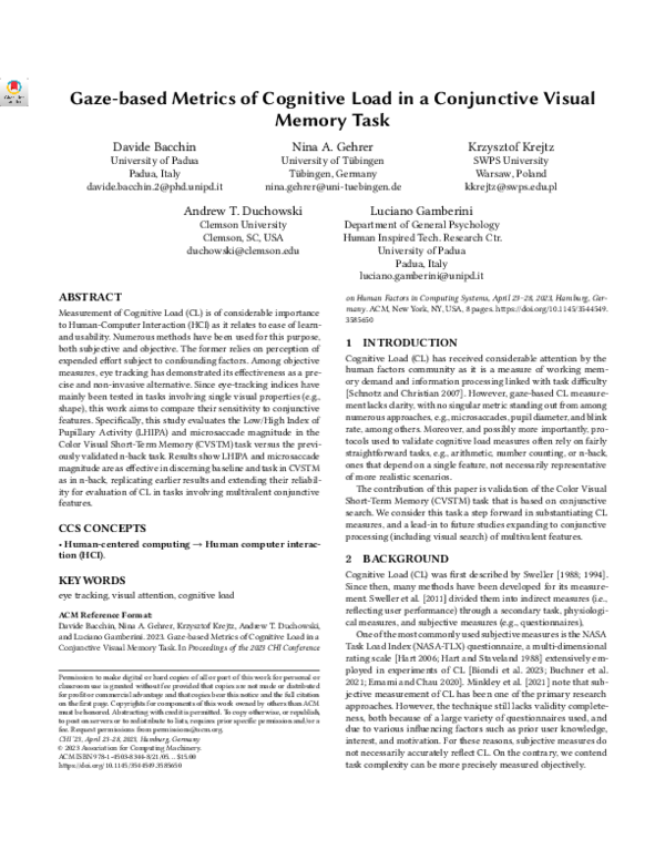 Pdf Gaze Based Metrics Of Cognitive Load In A Conjunctive Visual Memory Task