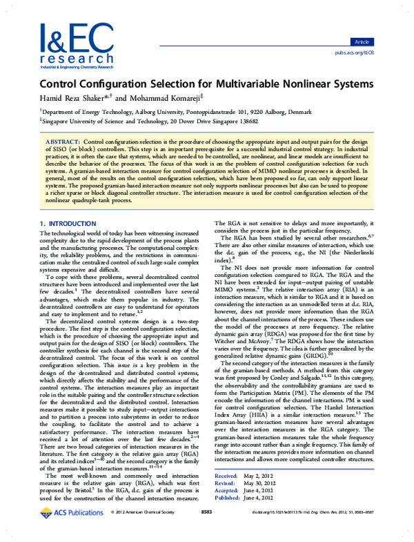 (PDF) Control Configuration Selection for Multivariable Plants | Bijan Moaveni - Academia.edu