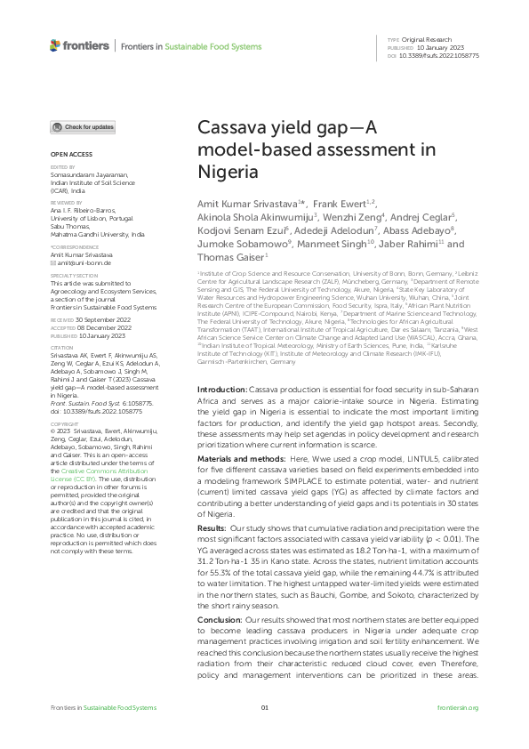 (PDF) Cassava yield gap—A model-based assessment in Nigeria