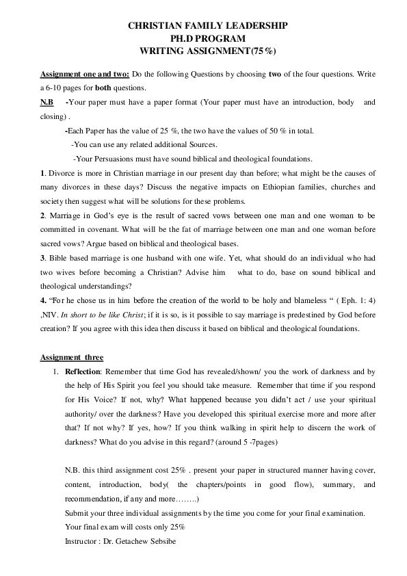 (PDF) CHRISTIAN FAMILY LEADERSHIP PH.D PROGRAM WRITING ASSIGNMENT(75