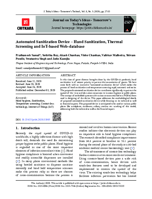 (PDF) Automated Sanitization Device – Hand Sanitization, Thermal Screening and IoT-based Web ...