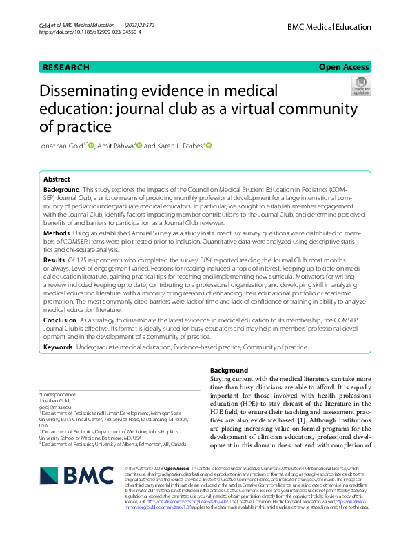 (PDF) Disseminating Evidence in Medical Education: Journal Club as a ...