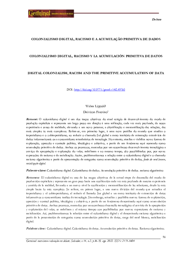 (PDF) COLONIALISMO DIGITAL, RACISMO E A ACUMULAÇÃO PRIMITIVA DE DADOS ...