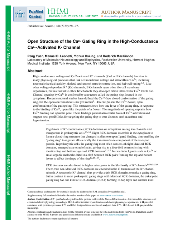 (PDF) Open structure of the Ca2+ gating ring in the high-conductance ...