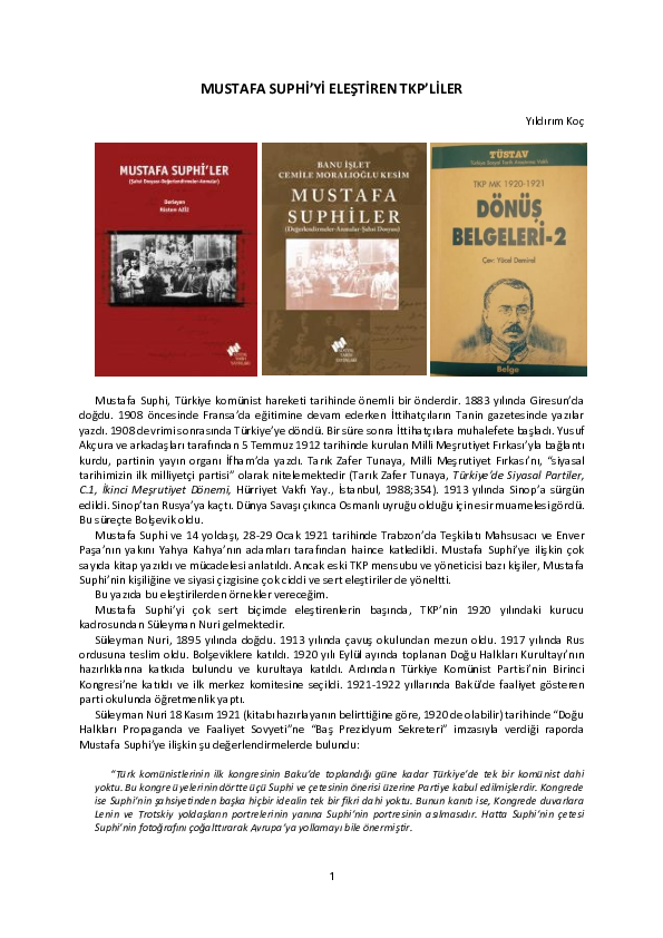 (PDF) YILDIRIM KOÇ, MUSTAFA SUPHİ’Yİ ELEŞTİREN TKP’LİLER