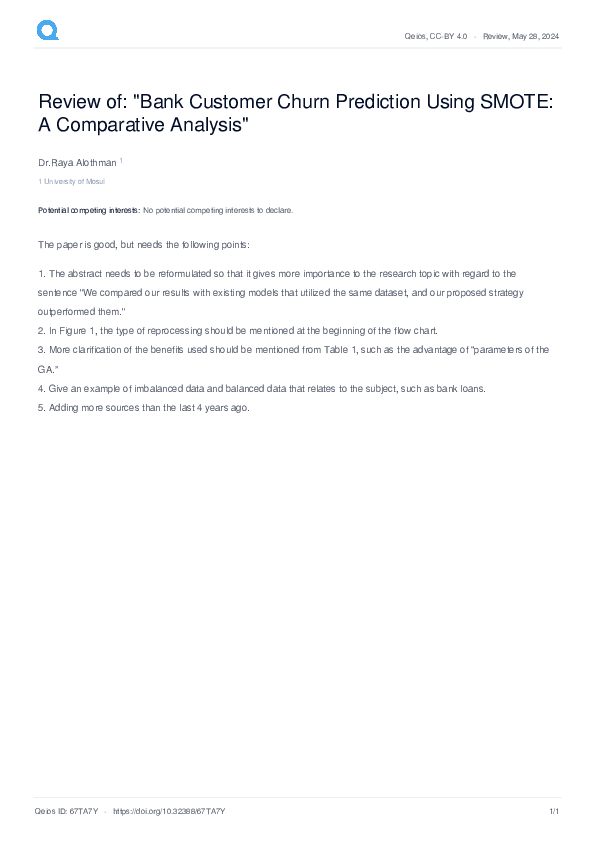 (PDF) Review of: "Bank Customer Churn Prediction Using SMOTE: A Comparative Analysis
