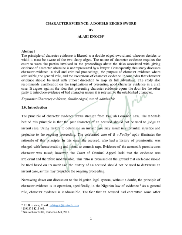 (PDF) CHARACTER EVIDENCE: A DOUBLE EDGED SWORD