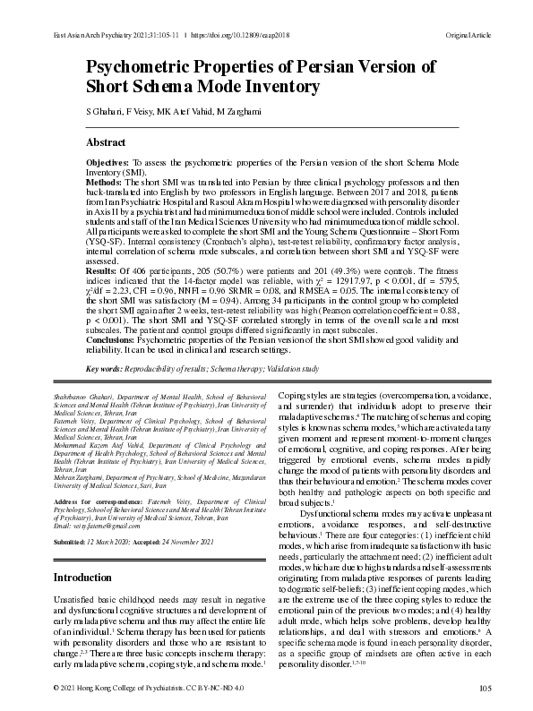 (PDF) Psychometric Properties of Persian Version of Short Schema Mode Inventory