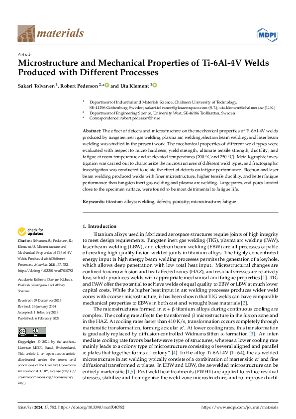 (PDF) Microstructure and Mechanical Properties of Ti-6Al-4V Welds Produced with Different Processes