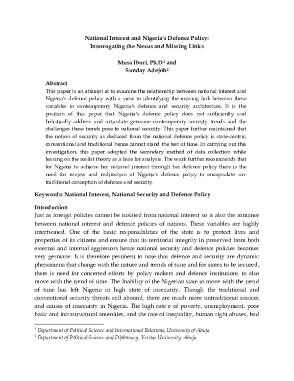 (PDF) National Interest and Nigeria's Defence Policy: Interrogating the ...