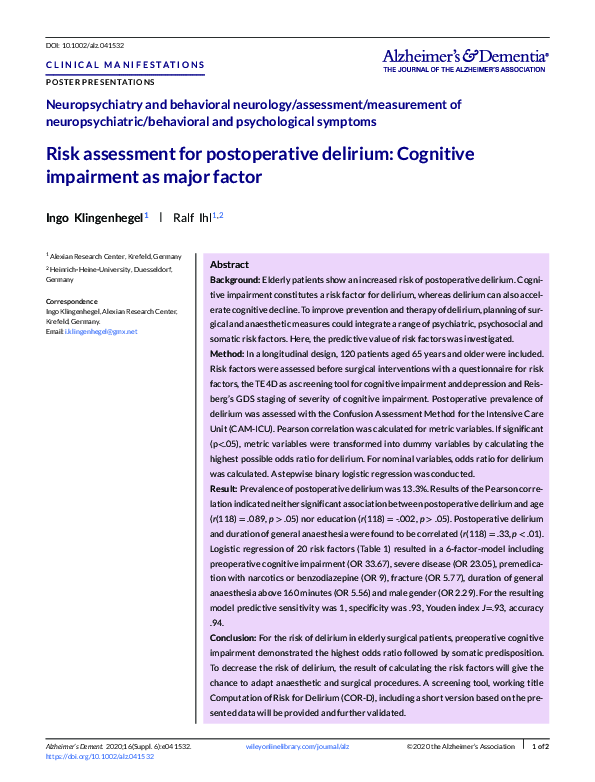(PDF) Risk assessment for postoperative delirium: Cognitive impairment ...