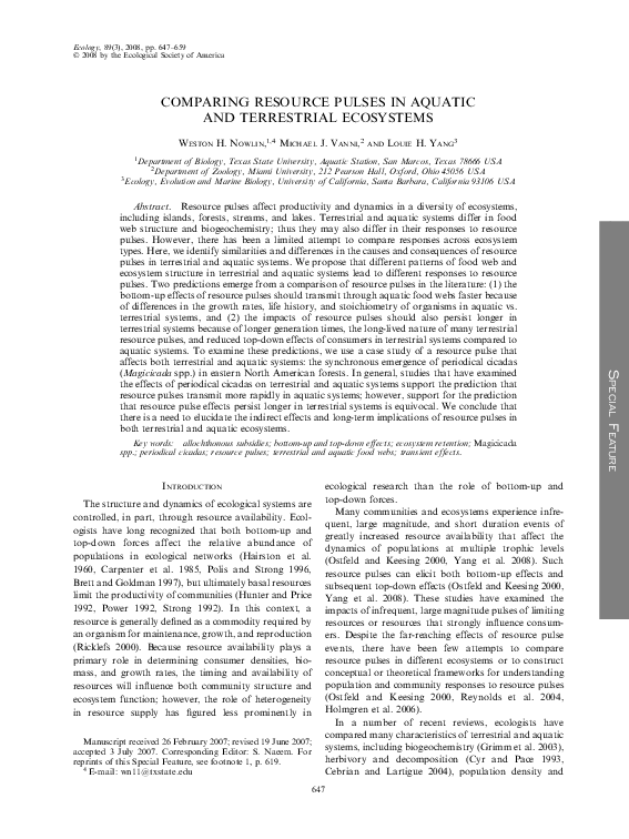 (PDF) Comparing Resource Pulses in Aquatic and Terrestrial Ecosystems