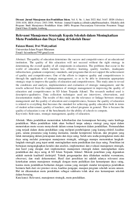 (PDF) Relevansi Manajemen Strategik Kepala Sekolah dalam Meningkatkan Mutu Pendidikan dan Daya ...