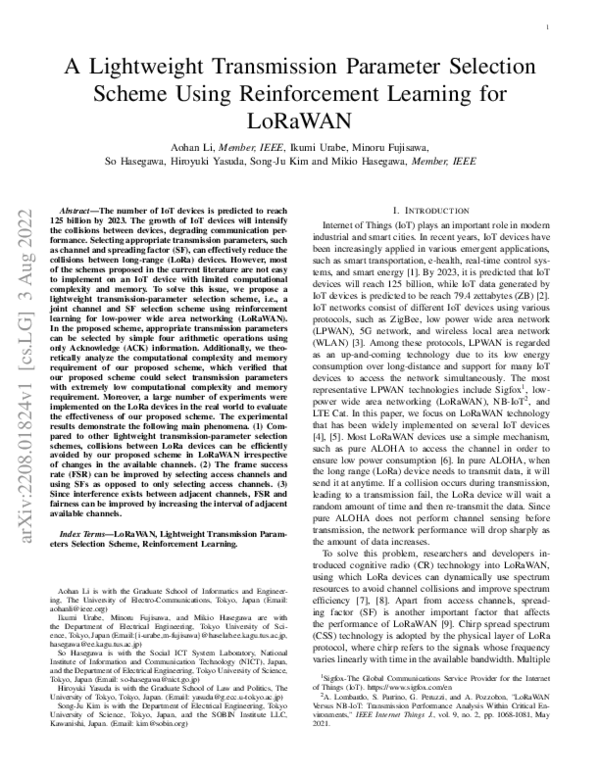 (PDF) A Lightweight Transmission Parameter Selection Scheme Using Reinforcement Learning for LoRaWAN