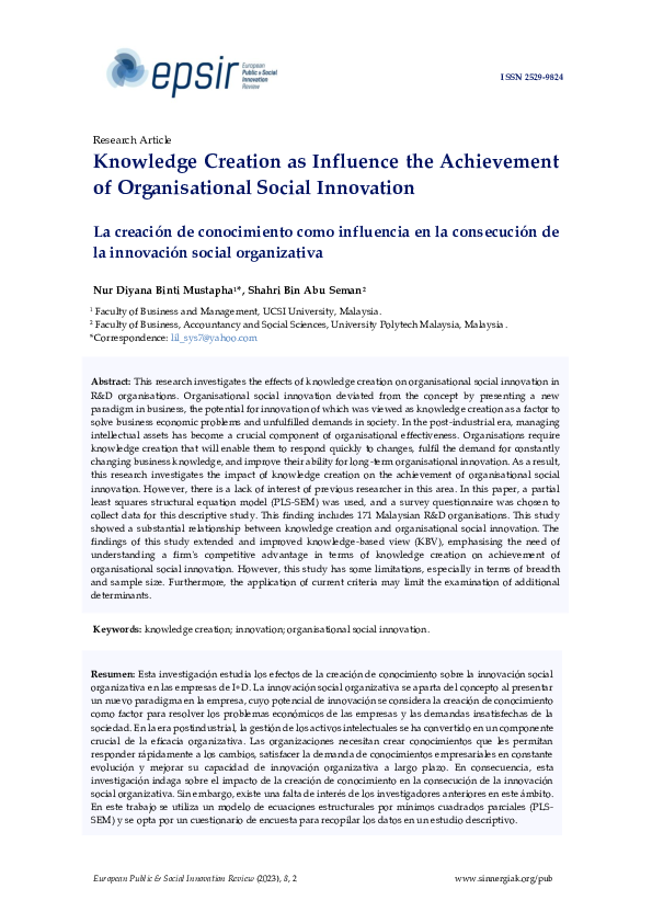 (PDF) Knowledge Creation as Influence the Achievement of Organisational Social Innovation