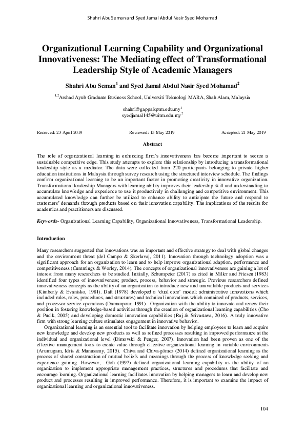 (PDF) Organizational Learning Capability and Organizational Innovativeness: The Mediating effect ...