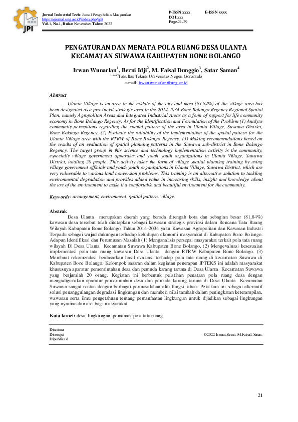 (PDF) Pengaturan Dan Menata Pola Ruang Desa Ulanta Kecamatan Suwawa Kabupaten Bone Bolango ...