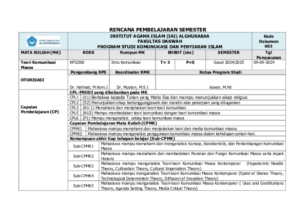 (PDF) RPS Teori Komunikasi Massa