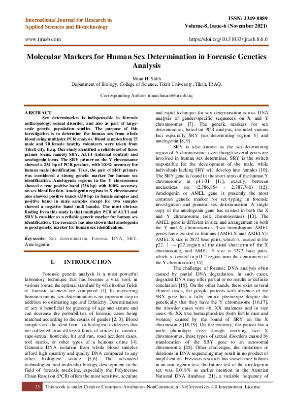 Pdf Molecular Markers For Human Sex Determination In Forensic