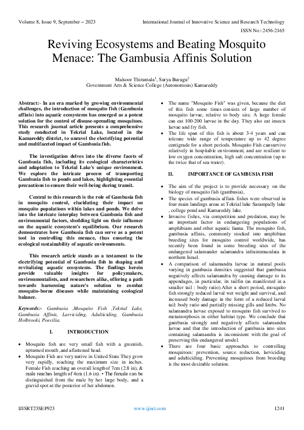 (PDF) Reviving Ecosystems and Beating Mosquito Menace: The Gambusia ...