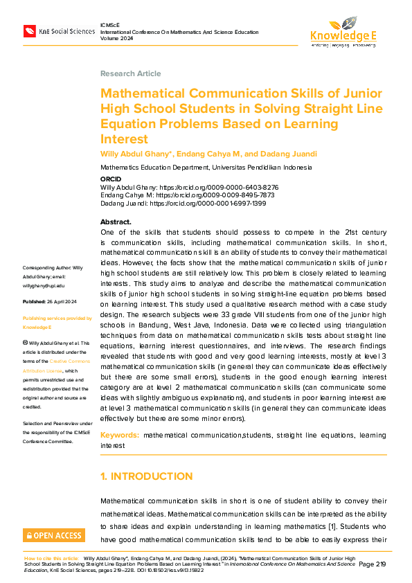 (PDF) Mathematical Communication Skills of Junior High School Students in Solving Straight Line ...