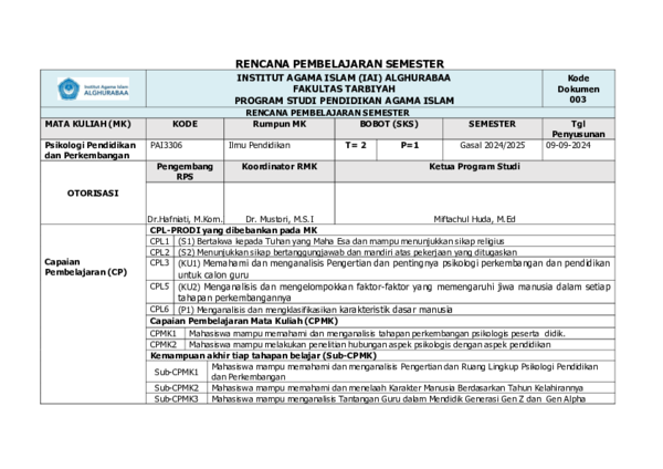 (PDF) RPS Psikologi Pendidikan dan Perkembangan | Dr. HAFNIATI M.Kom.I - Academia.edu