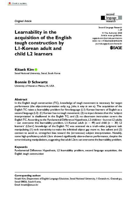 (PDF) Learnability in the acquisition of the English tough construction by L1-Korean adult and ...