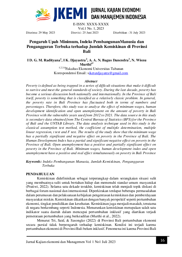 (PDF) Pengaruh Upah Minimum, Indeks Pembangunan Manusia dan Pengangguran Terbuka terhadap Jumlah ...