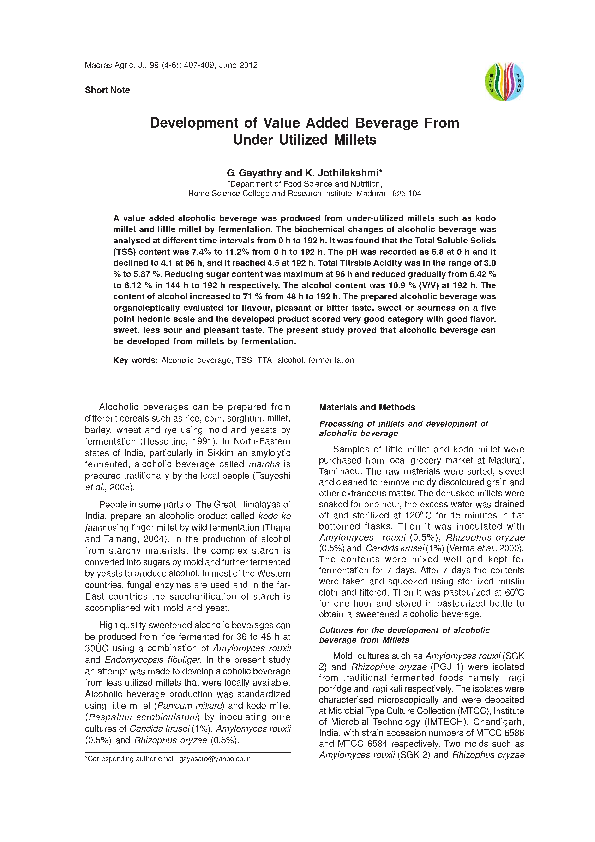 (PDF) Development of Value Added Beverage From Under Utilized Millets