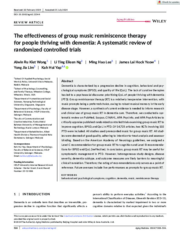 (PDF) The effectiveness of group music reminiscence therapy for people ...