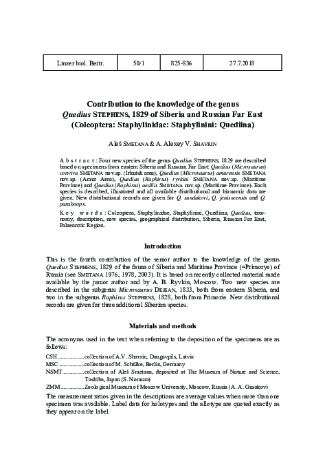 (PDF) Contribution to the knowledge of the genus Quedius S , 1829 of ...