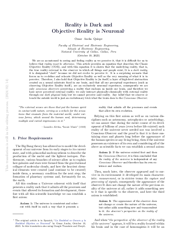 (PDF) Reality is Dark and Objective Reality is Neuronal (On an ...