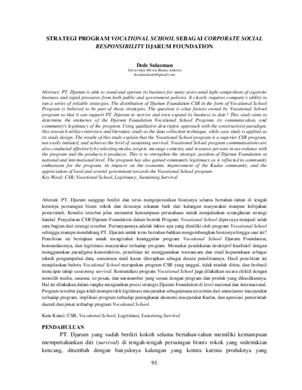 (PDF) STRATEGI PROGRAM VOCATIONAL SCHOOL SEBAGAI CORPORATE SOCIAL RESPONSIBILITY (Studi Kasus ...