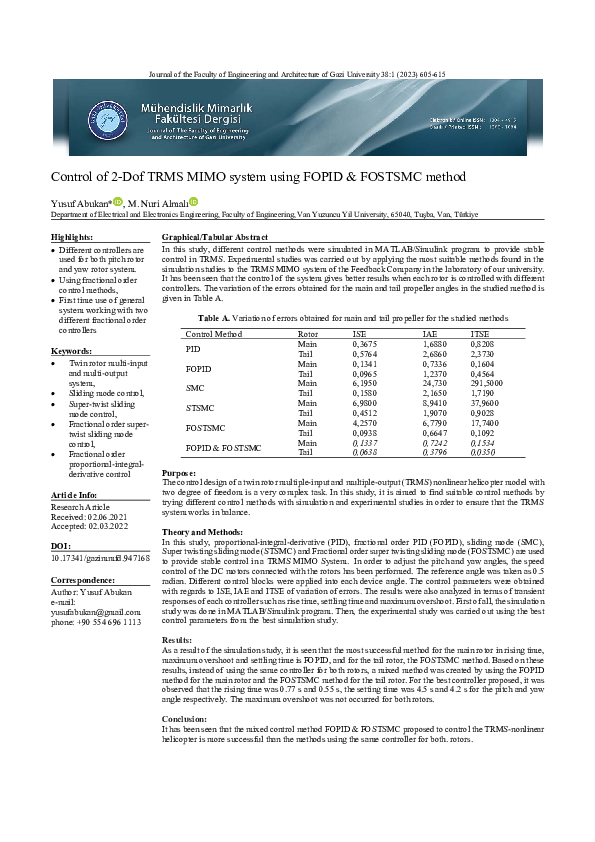 (PDF) Control of 2-Dof TRMS MIMO system using FOPID & FOSTSMC method