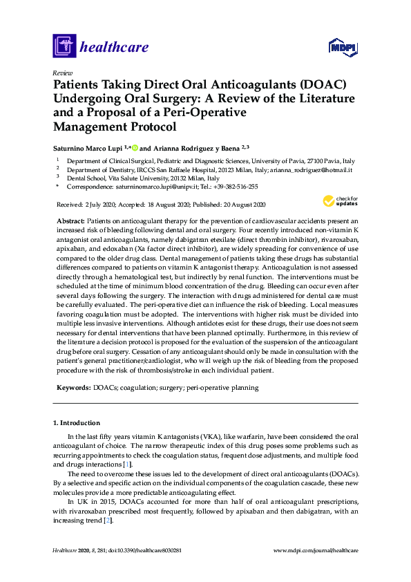 (PDF) Patients Taking Direct Oral Anticoagulants (DOAC) Undergoing Oral ...