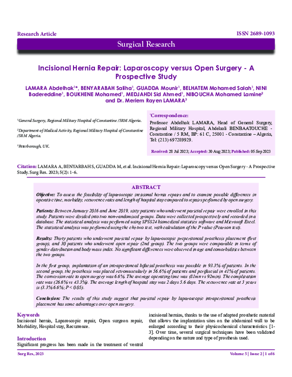 (PDF) Incisional Hernia Repair: Laparoscopy versus Open Surgery - A Prospective Study