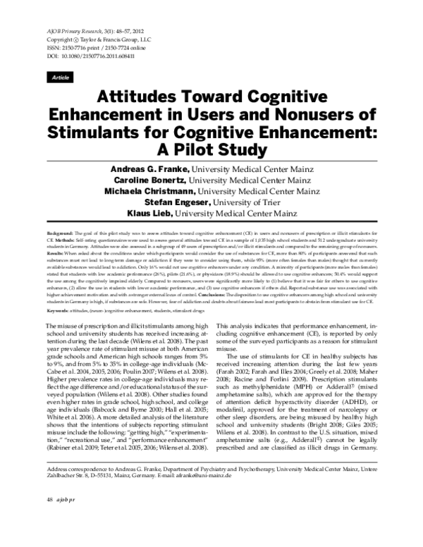 (PDF) Attitudes Toward Cognitive Enhancement in Users and Nonusers of ...