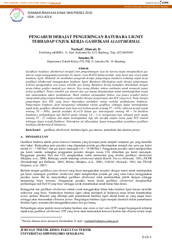 (PDF) Pengaruh Derajat Pengeringan Batubara Lignit Terhadap Unjuk Kerja Gasifikasi Allothermal