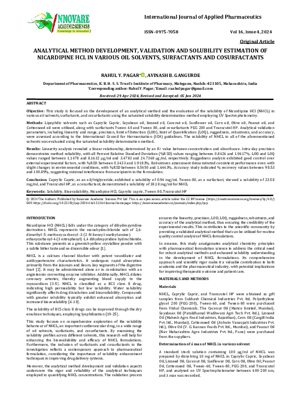 Pdf Analytical Method Development Validation And Solubility Estimation Of Nicardipine Hcl In